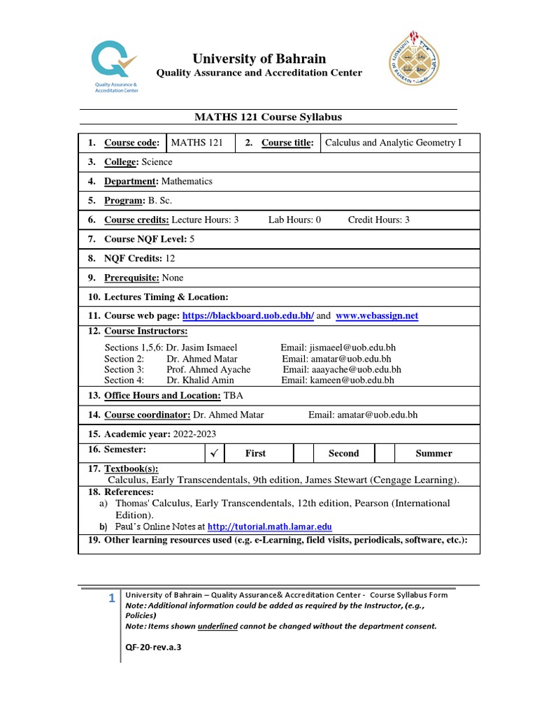 Math 121 Syllabus | PDF | Function (Mathematics) | Integral