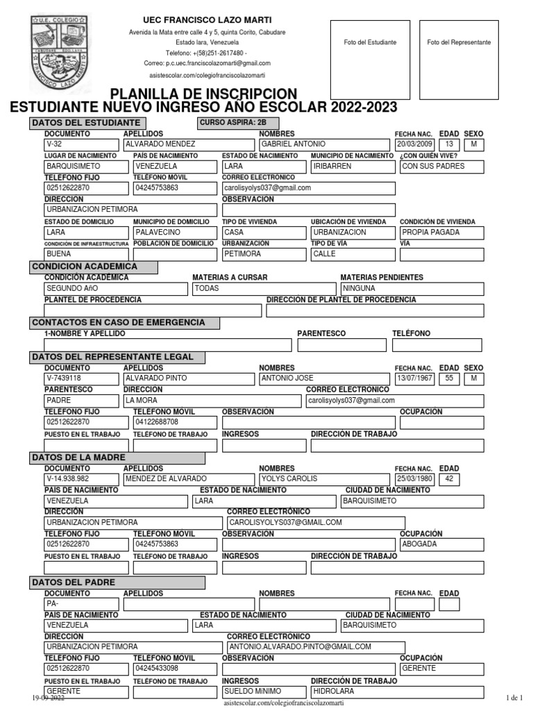 Inscripción Estudiante UEC Francisco Lazo Martí | PDF