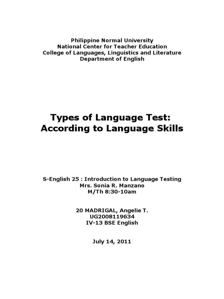 Types of Language Test Accdg To Lg. Skills | PDF | Speech | Sneakers