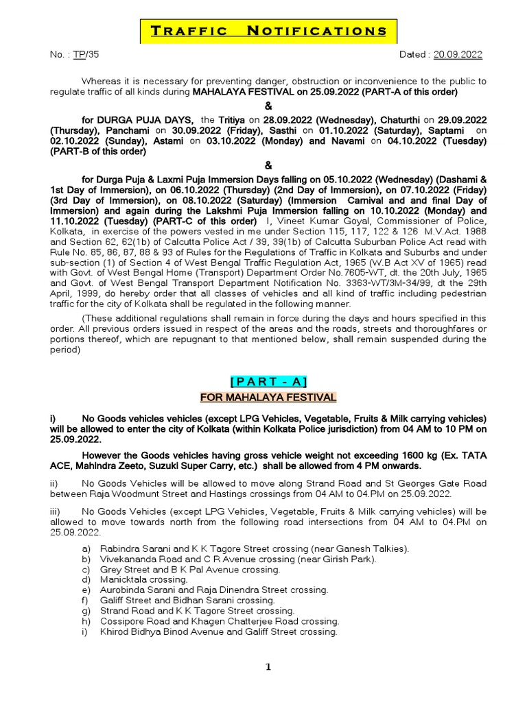 Traffic Notification Incw Mahalaya On 25.09.2022 and Durga Puja & Laxmi ...
