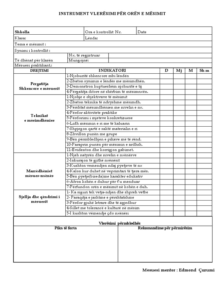 Instrument Vlerësimi Për Orën E Mësimit: Shkolla | PDF