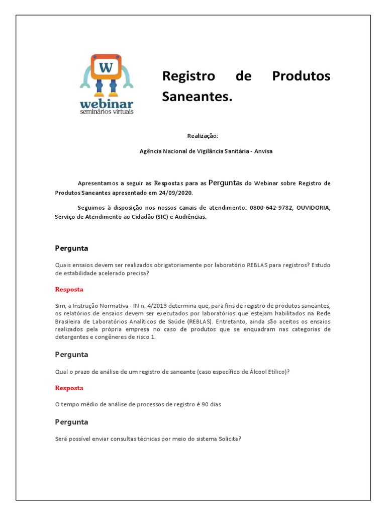 Perguntas e Respostas Registro de Produtos Saneantes | PDF ...