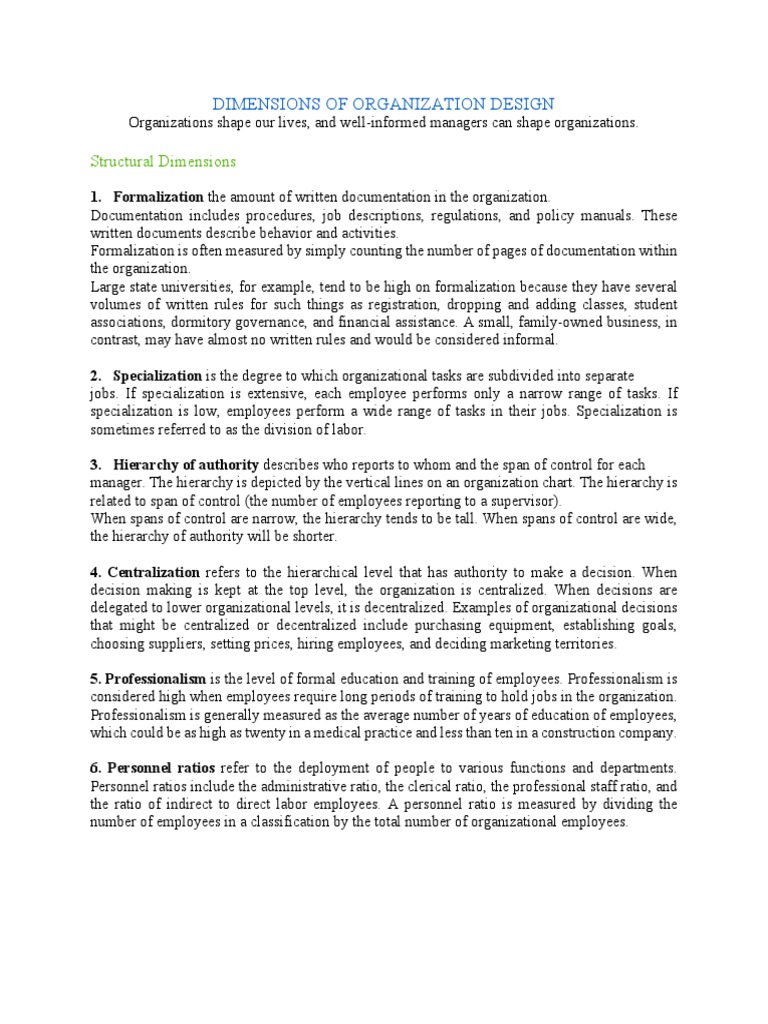 Dimensions of Organization Design | PDF | Organizational Structure ...