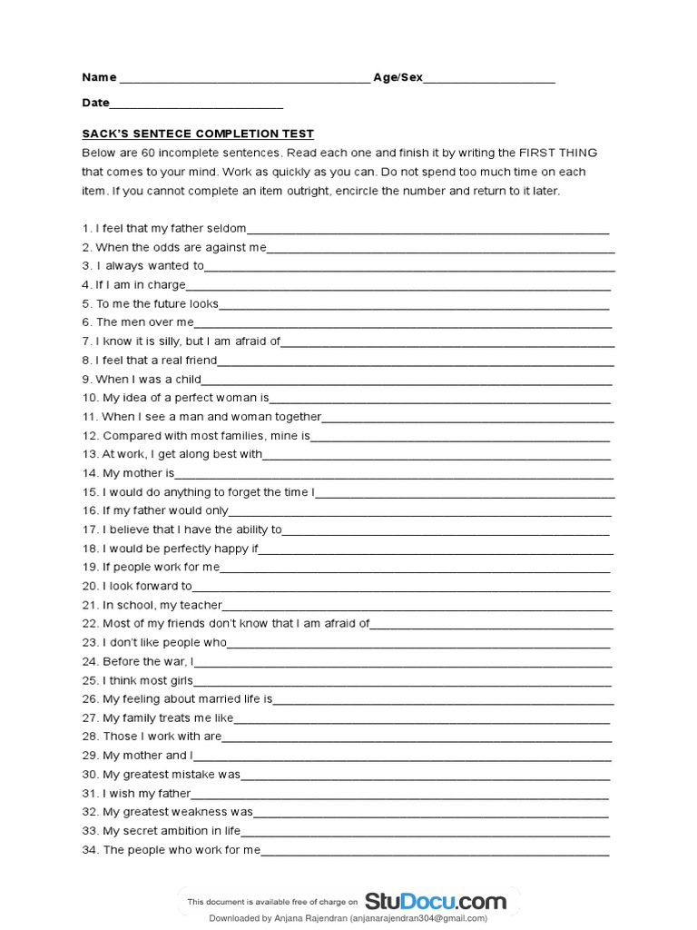 Sacks Sentence Completion Test | PDF