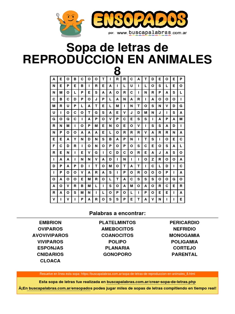Sopa de letras: Animales ovíparos y vivíparos | PDF