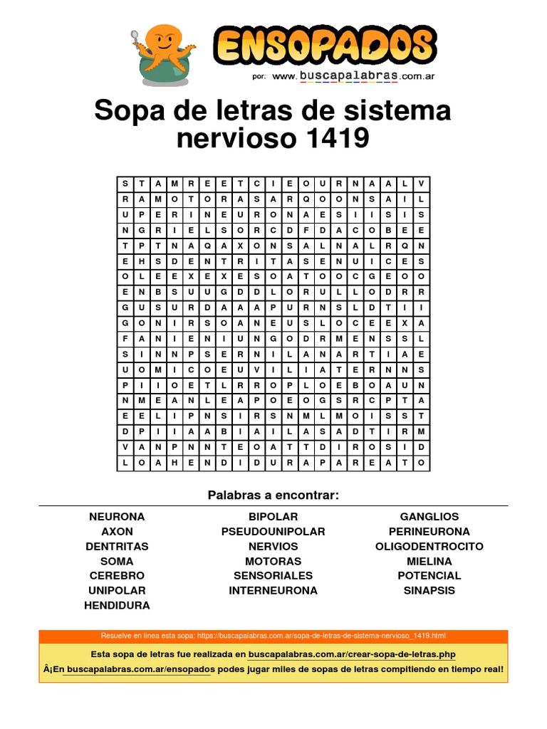 Sopa de Letras de Sistema Nervioso - 1419 | PDF