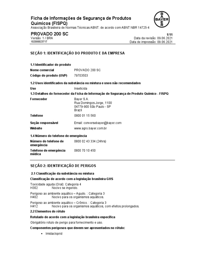FISPQ do Inseticida Provado 200 SC | PDF | Ácido clorídrico | Química