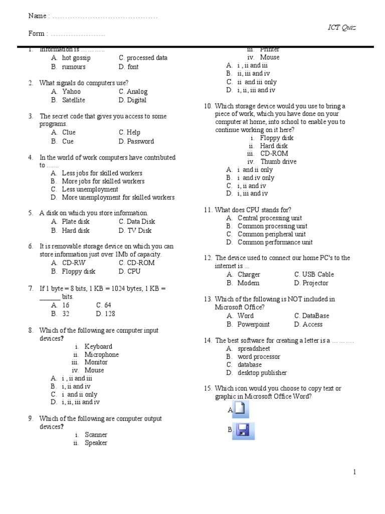 Short Ict Quiz | PDF | Disk Storage | Computer Data Storage