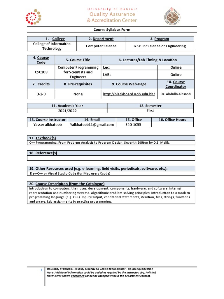 CSC103 Outline 1st 2021-2022 | PDF | Subroutine | Parameter (Computer ...