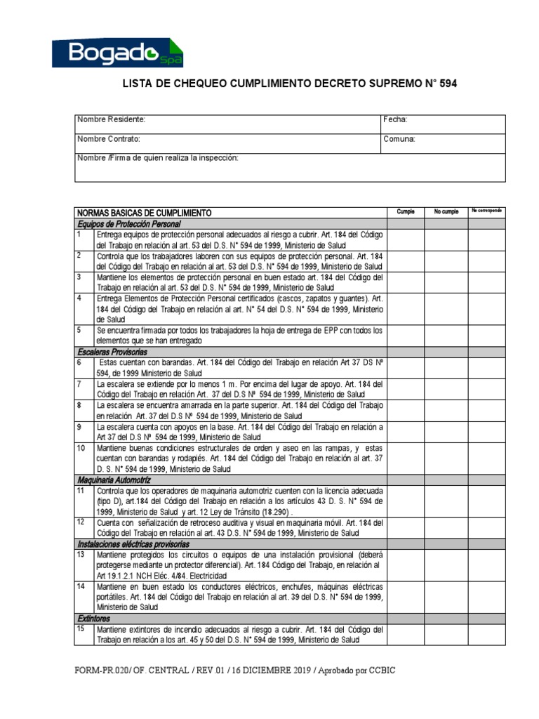 FOR - PR.020 Check List Decreto Supremo 594 | PDF | Ciencias de la Salud