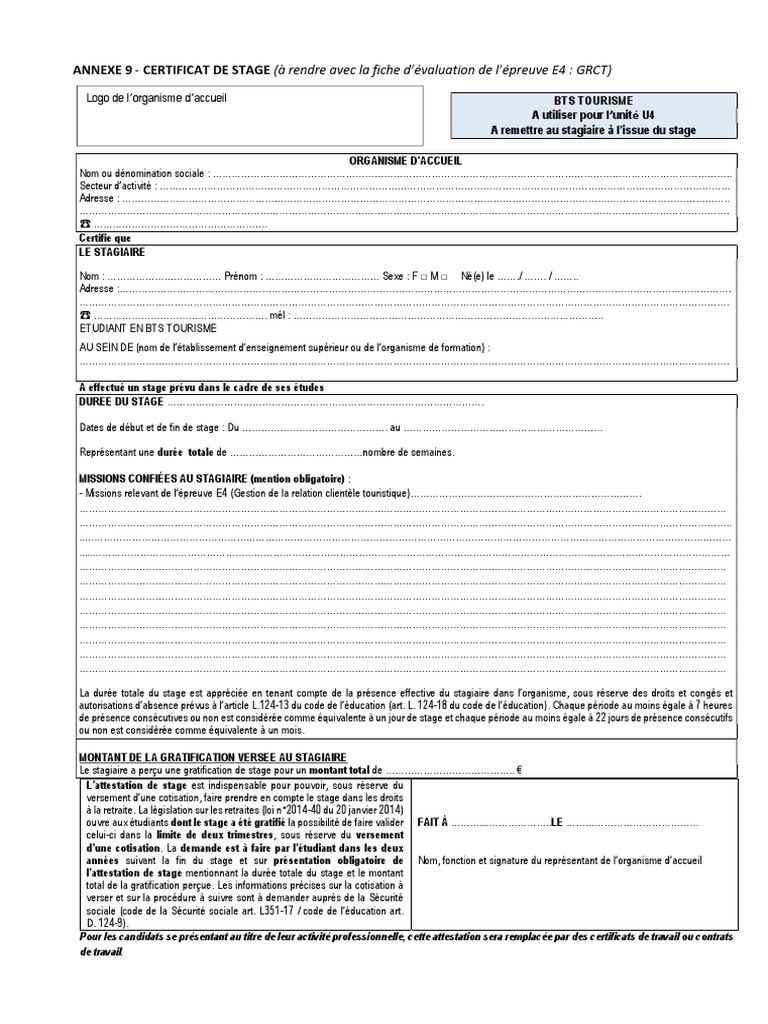 BTS Tourisme 2022 Annexe 9 Certificat de Stage | PDF