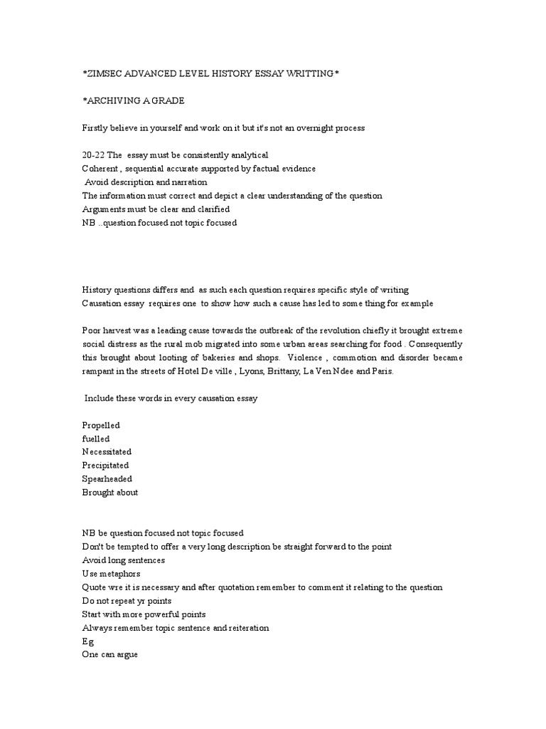 ZIMSEC ADVANCED LEVEL HISTORY ESSAY WRITTING TIPS | PDF | Essays | Argument