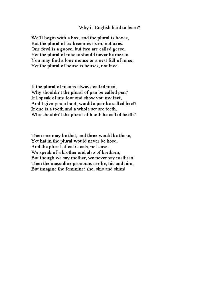 Poem - Why Is English Hard To Learn 1 | PDF