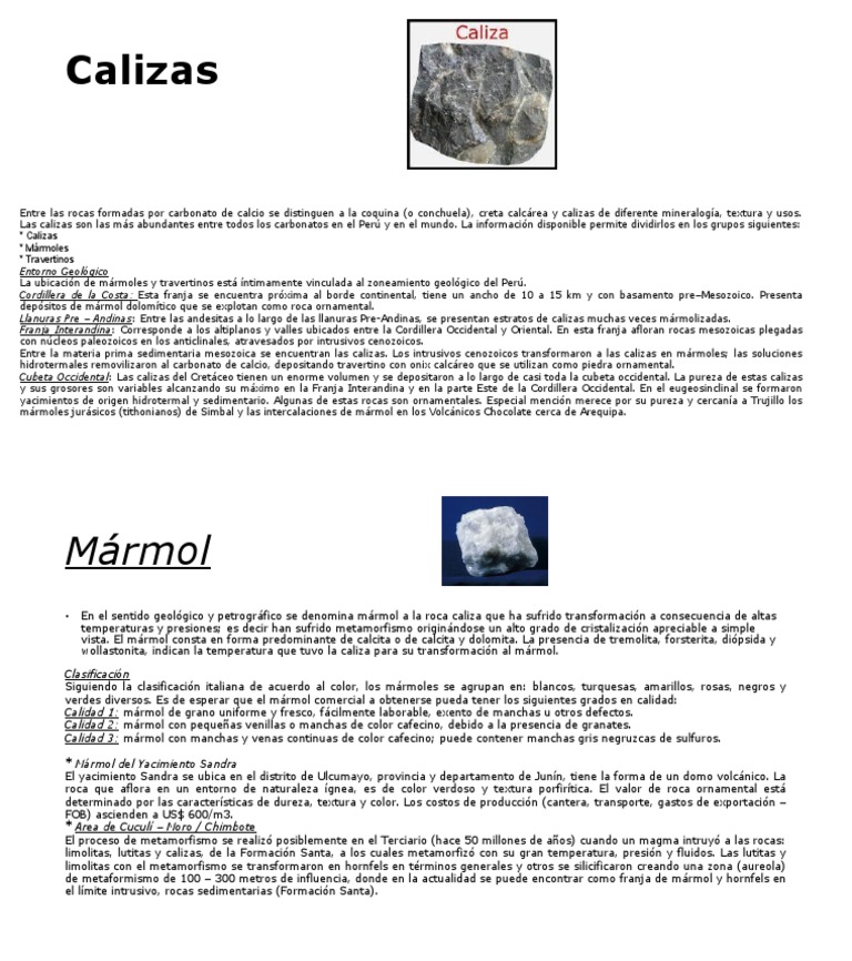 Composición y Tipos de Calizas y Mármol | PDF | Roca (geología) | Caliza