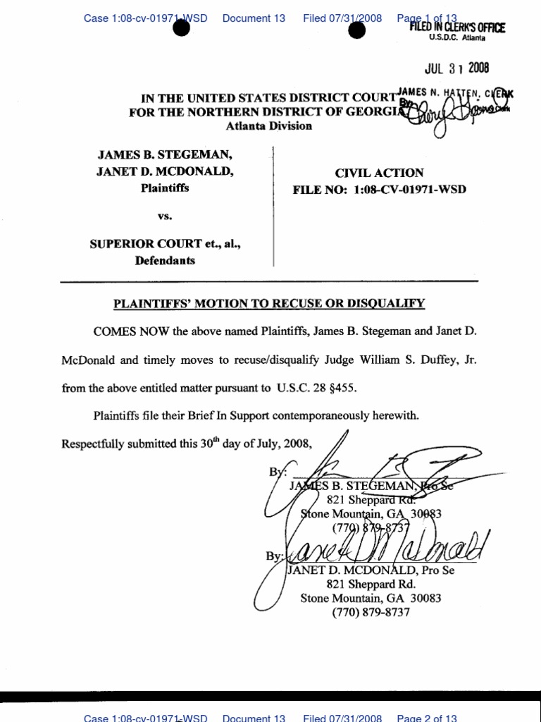 Plaintiffs' Motion To Recuse or Disqualify Judge Duffey | PDF | Pro Se Legal Representation In ...