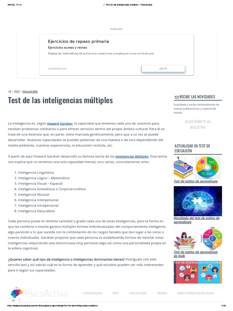 Test de Las Inteligencias Múltiples - PsicoActiva | PDF | Inteligencia ...