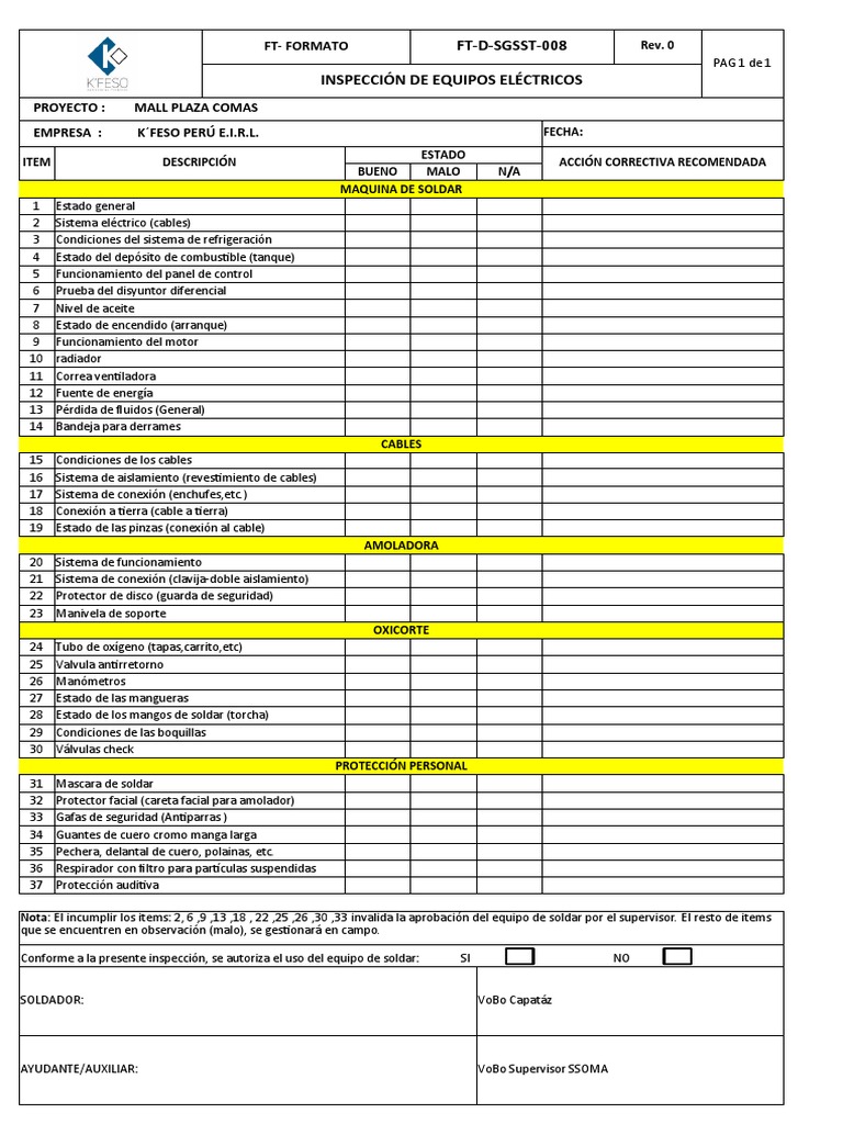 Ft-d-sgsst-008 Formato Inspeccion de Equipos Electricos | PDF | Bienes manufacturados