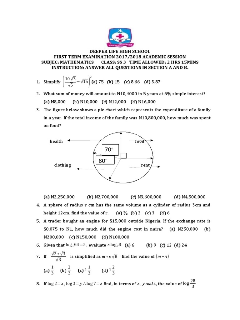 Ss 3 Mathematics First Term Exam | PDF | Logarithm | Latitude