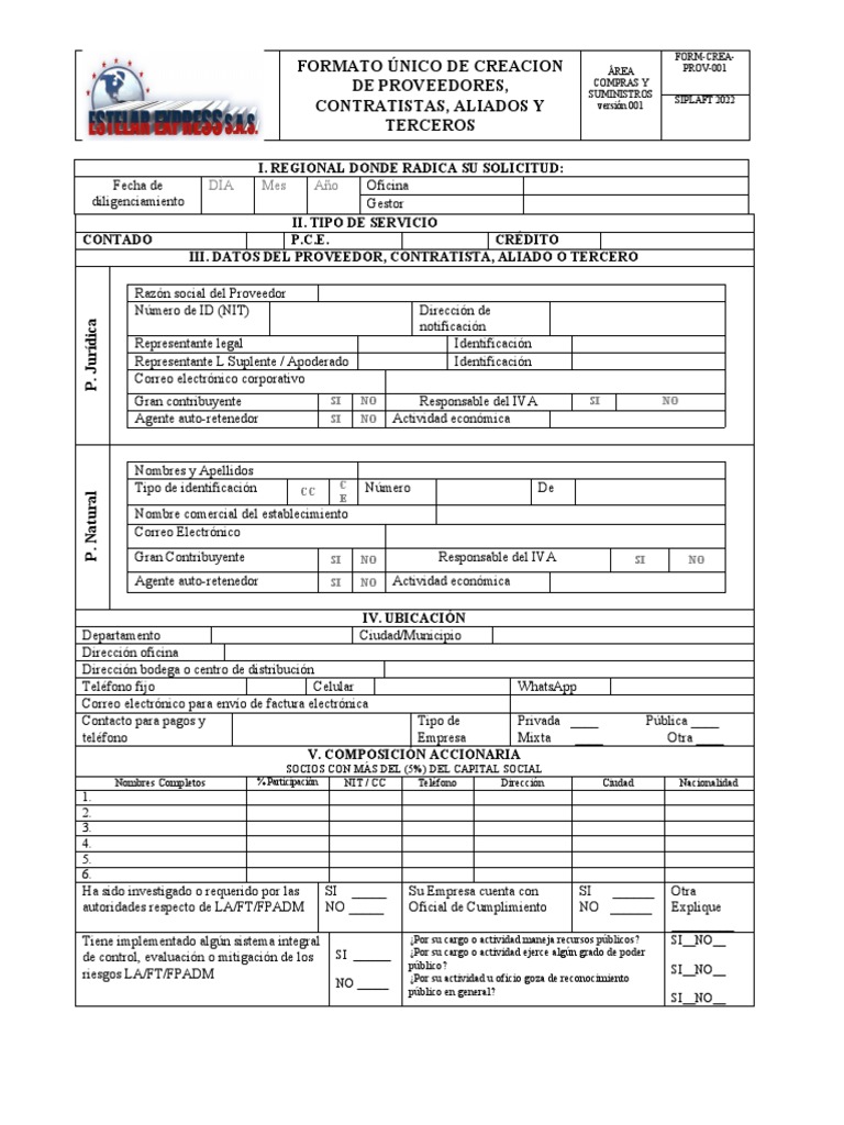 Form-Crea-Prov-001 Formato Creación de Proveedores 2022 | PDF | Bancos | Economias
