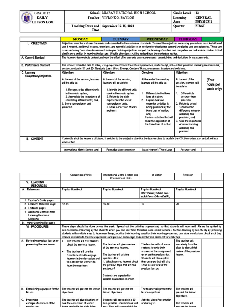 Gen Physics 1 DLL - 4th Week | PDF | Learning | Teachers