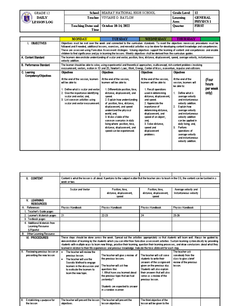 Grade 12 General Physics Lesson Plan | PDF | Velocity | Speed