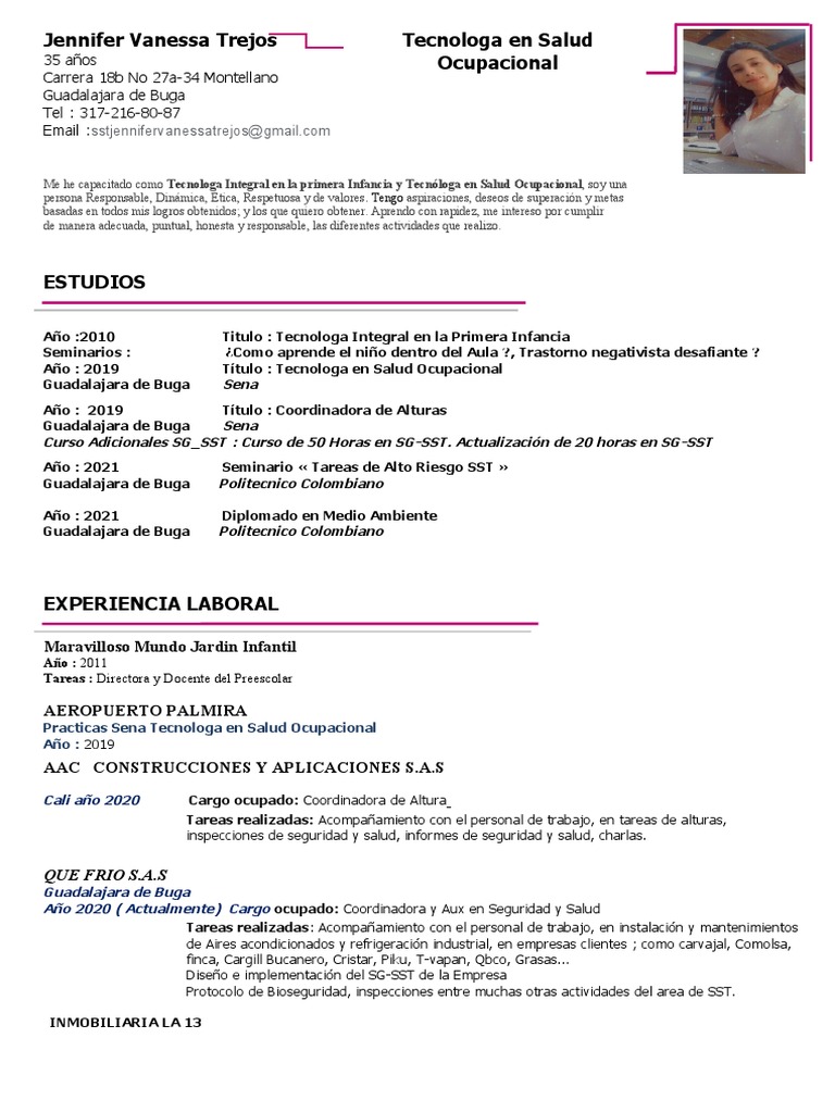 Hoja de Vida Jennifer Trejos | PDF