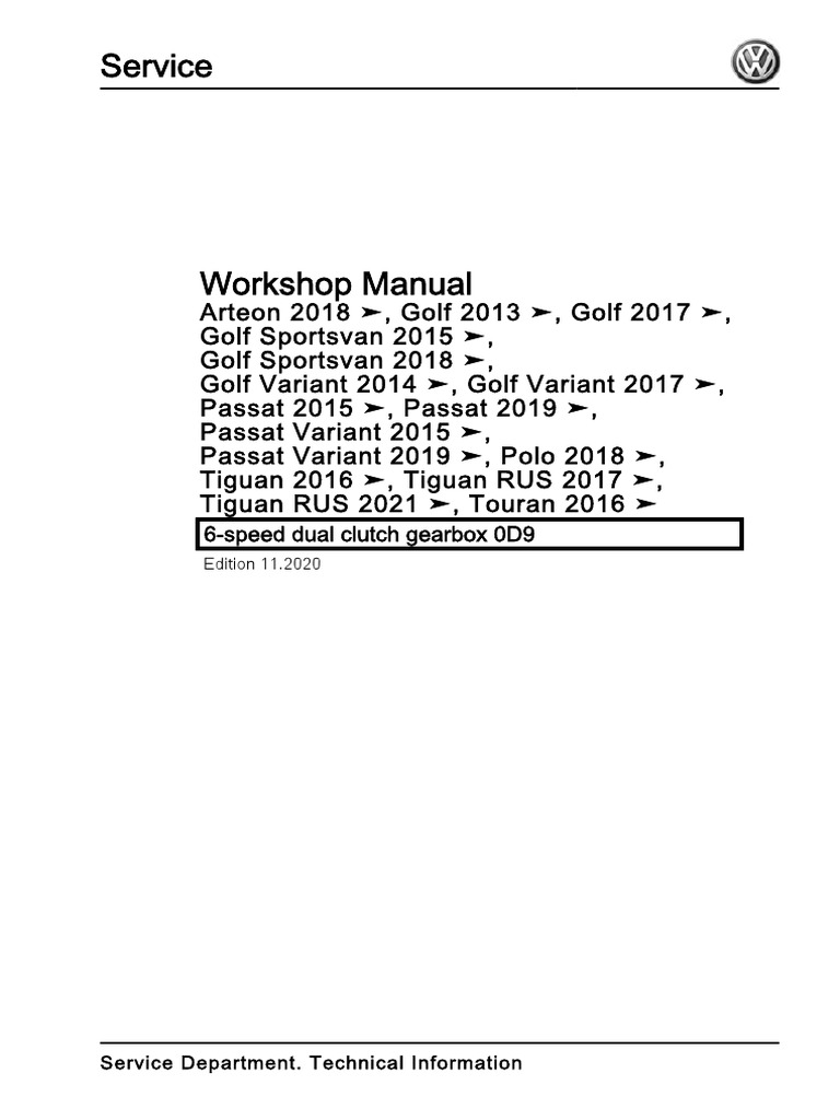 6 Speed DSG 0d9 Repair Manual Eng | PDF | Clutch | Screw