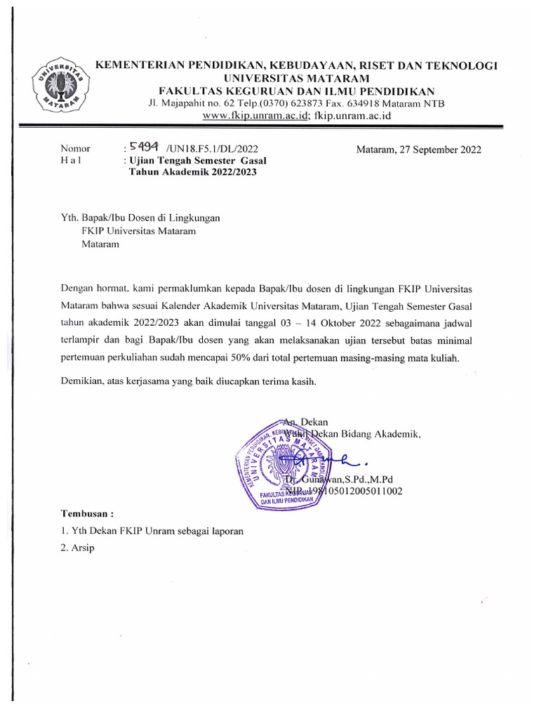 Jadwal Ujian Tengah Semester Gasal Tahun Akademik 2022-2023 Fkip Unram ...