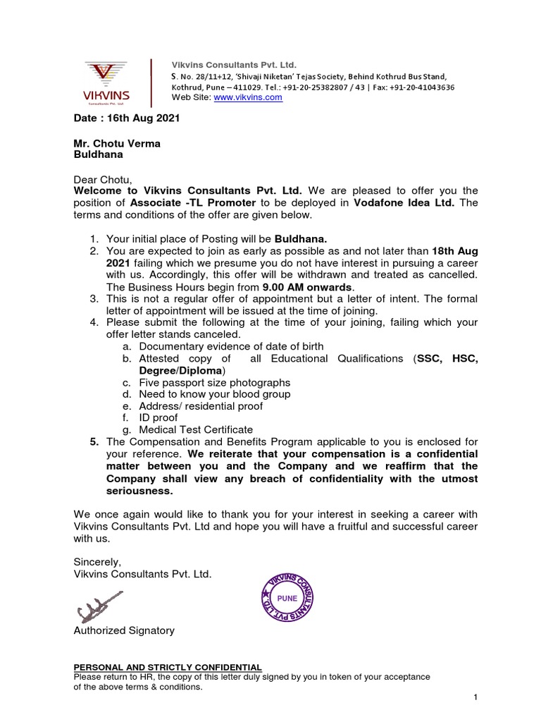 Appointment Letter MNG TL - Shubham Sanjay Thakur | PDF
