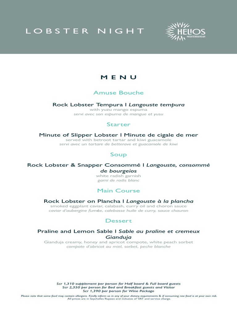 Helios Lobster Night Menu | PDF