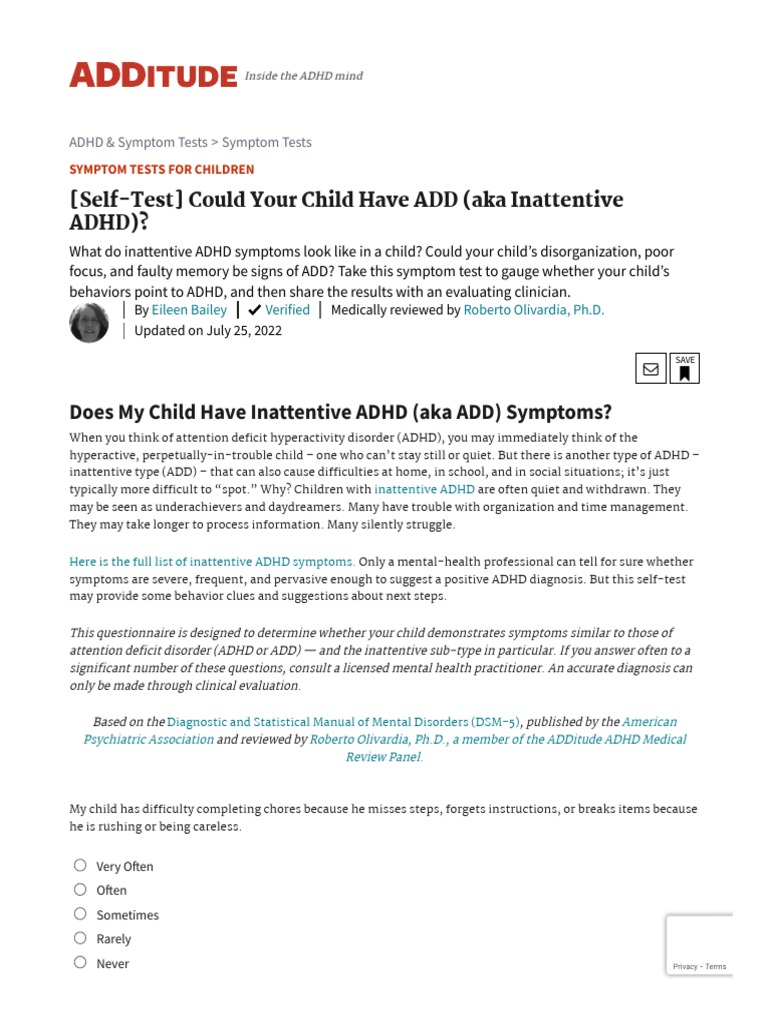 ADD Symptom Test For Children - Inattentive ADHD | PDF | Attention ...