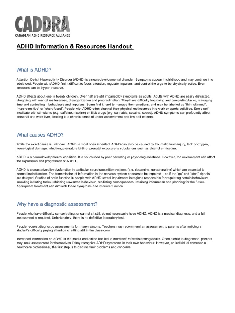 CADDRA ADHD Information Resources Handout | PDF | Attention Deficit ...