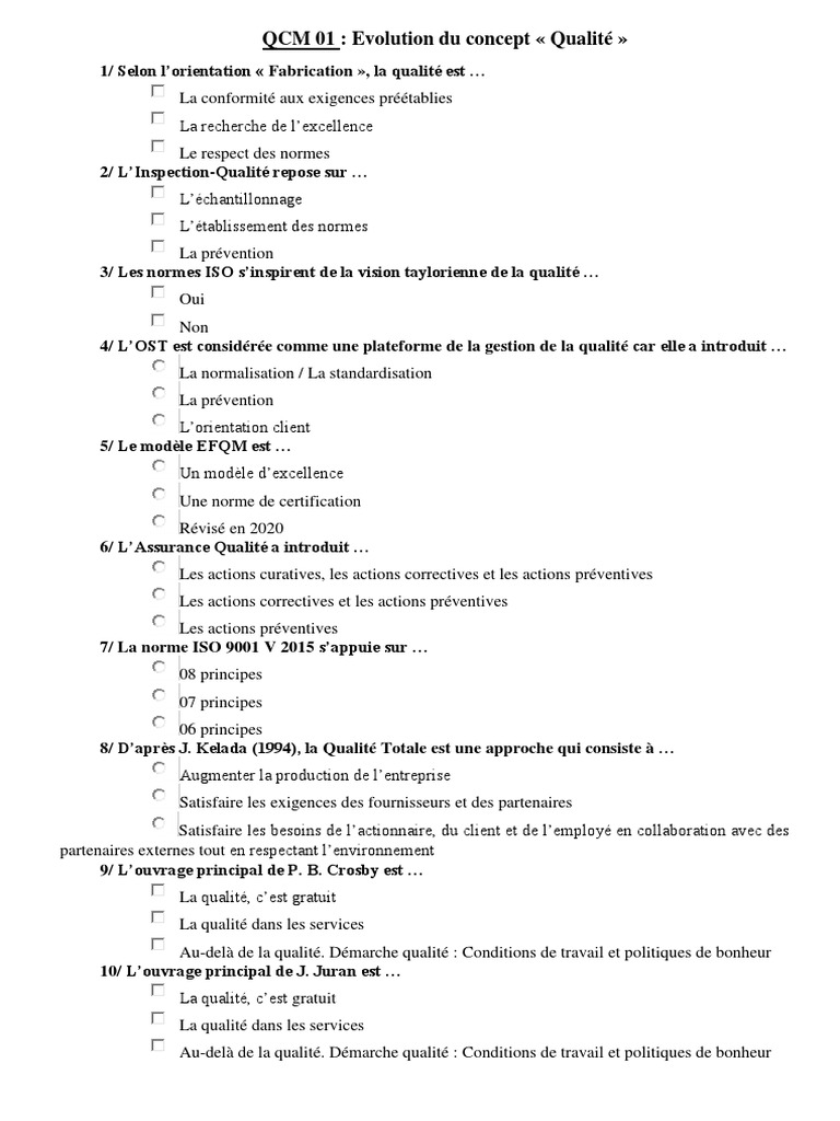 01 Séance 01 QCM Qualité Evolution ... 2021 | Download Free PDF | Management de la qualité ...
