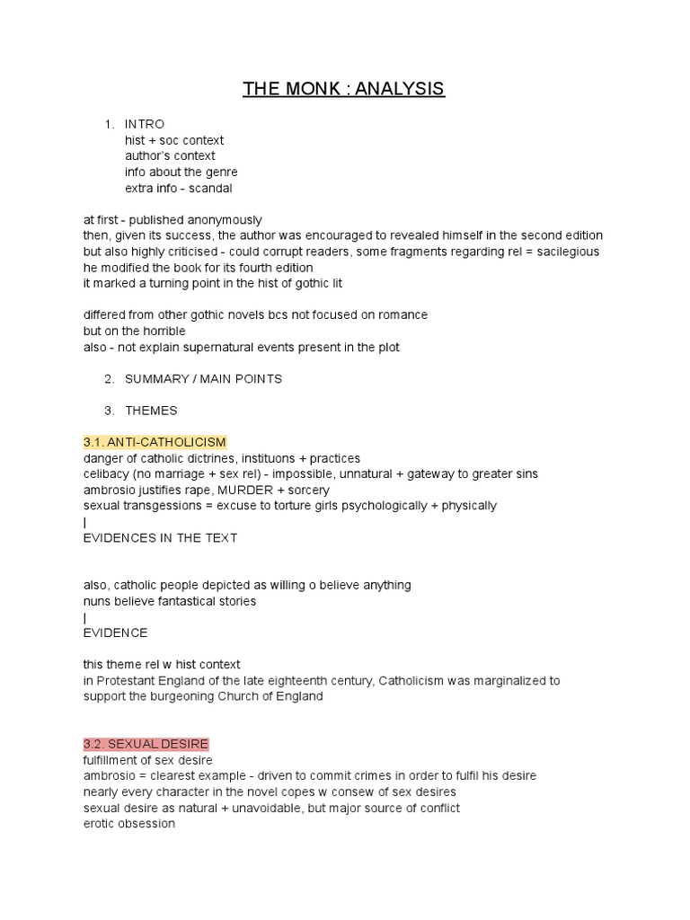 The Monk Analysis | PDF | Gothic Fiction