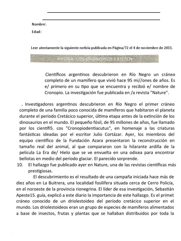 Descubrimiento del Cronopio, mamífero del Cretácico | PDF | Dinosaurios ...
