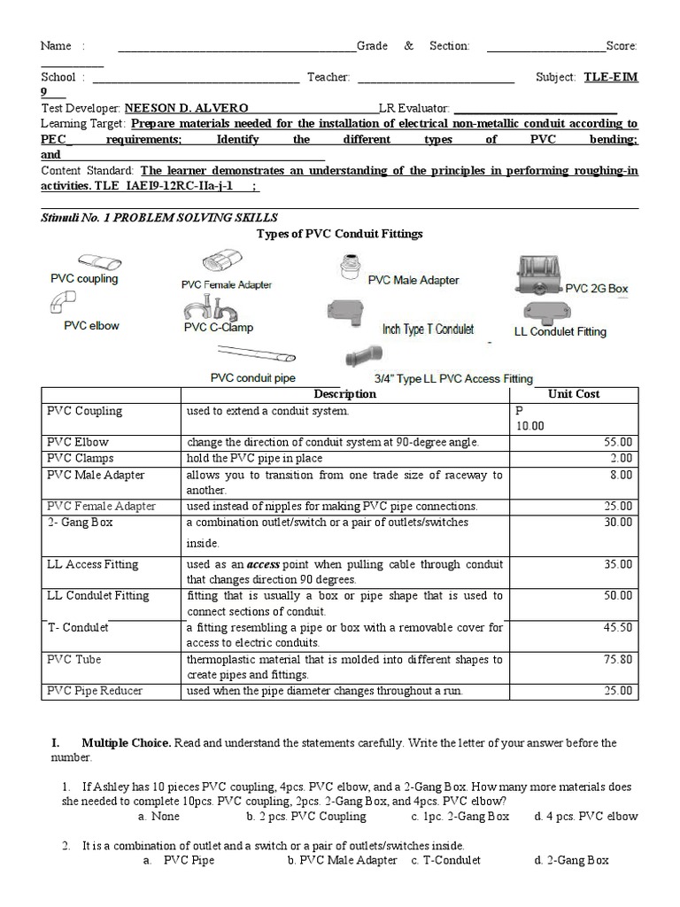 Grade 9 - Tle Eim Assessment W1-2 | PDF | Pipe (Fluid Conveyance) | Electrical Wiring
