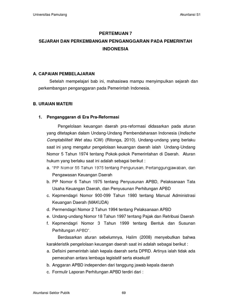 Pertemuan 7 - Sejarah Dan Perkembangan Penganggaran Pada Pemerintah Indonesia | PDF