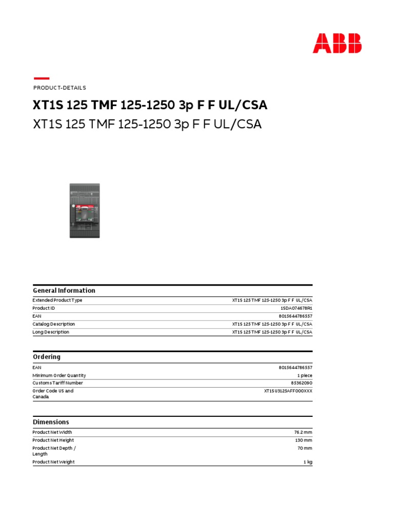 1SDA074678R1 xt1s 125 TMF 125 1250 3p F F Ul Csa | Download Free PDF | Components | Electrical ...