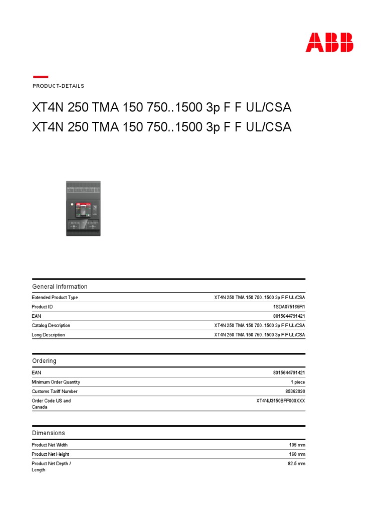 1SDA075165R1 xt4n 250 Tma 150 750 1500 3p F F Ul Csa | PDF | Components | Manufactured Goods