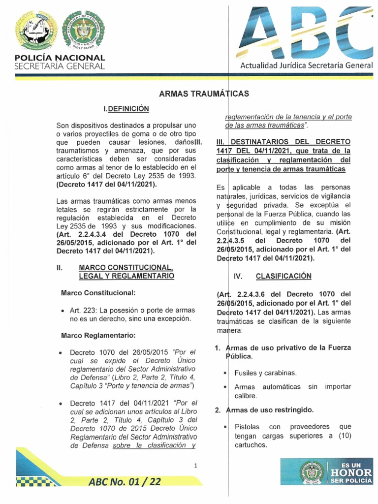 ABC No. 01 Decreto 1417 Del 2021 Armas Traumáticas | PDF