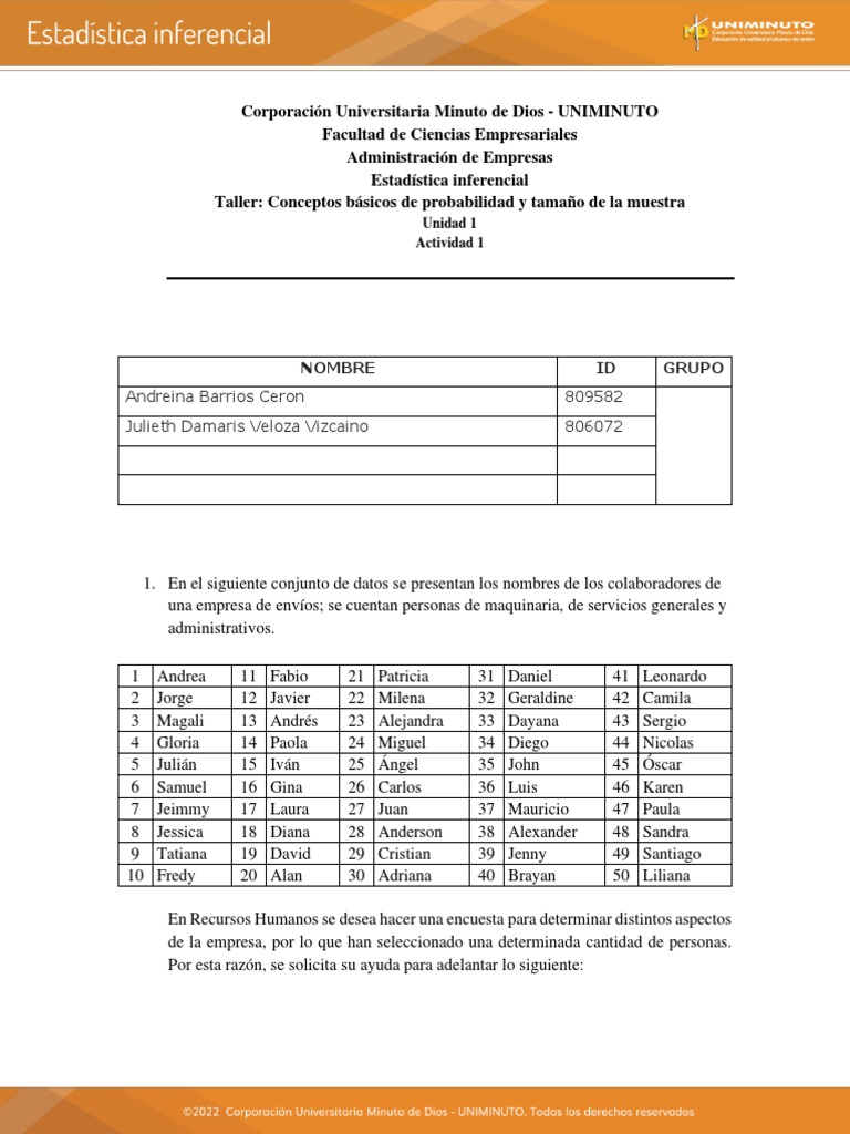 Taller #1 Estadistica Descriptiva | PDF | Muestreo (Estadísticas) | Intervalo de confianza