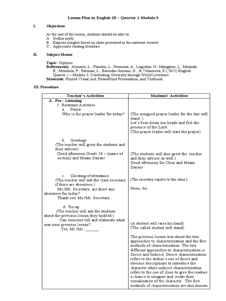 Detailed Lesson Plan For Orpheus | PDF | Fable | Greek Mythology