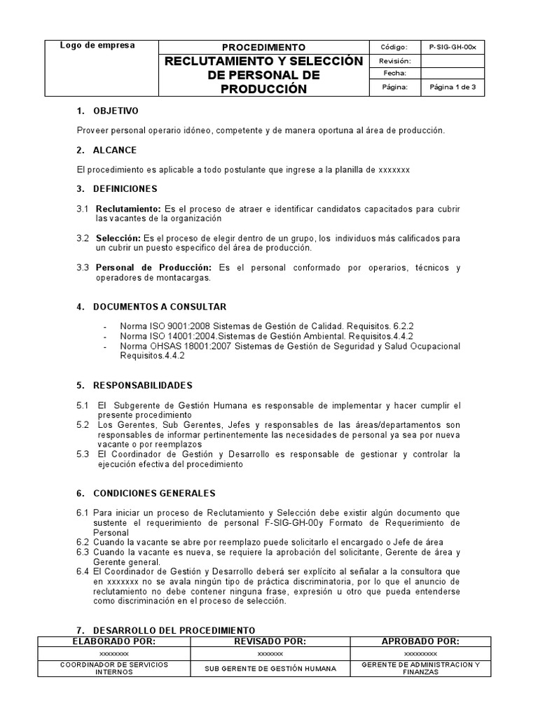 Procedimiento de Reclutamiento y Selección de Personal de Producción | PDF | Reclutamiento ...
