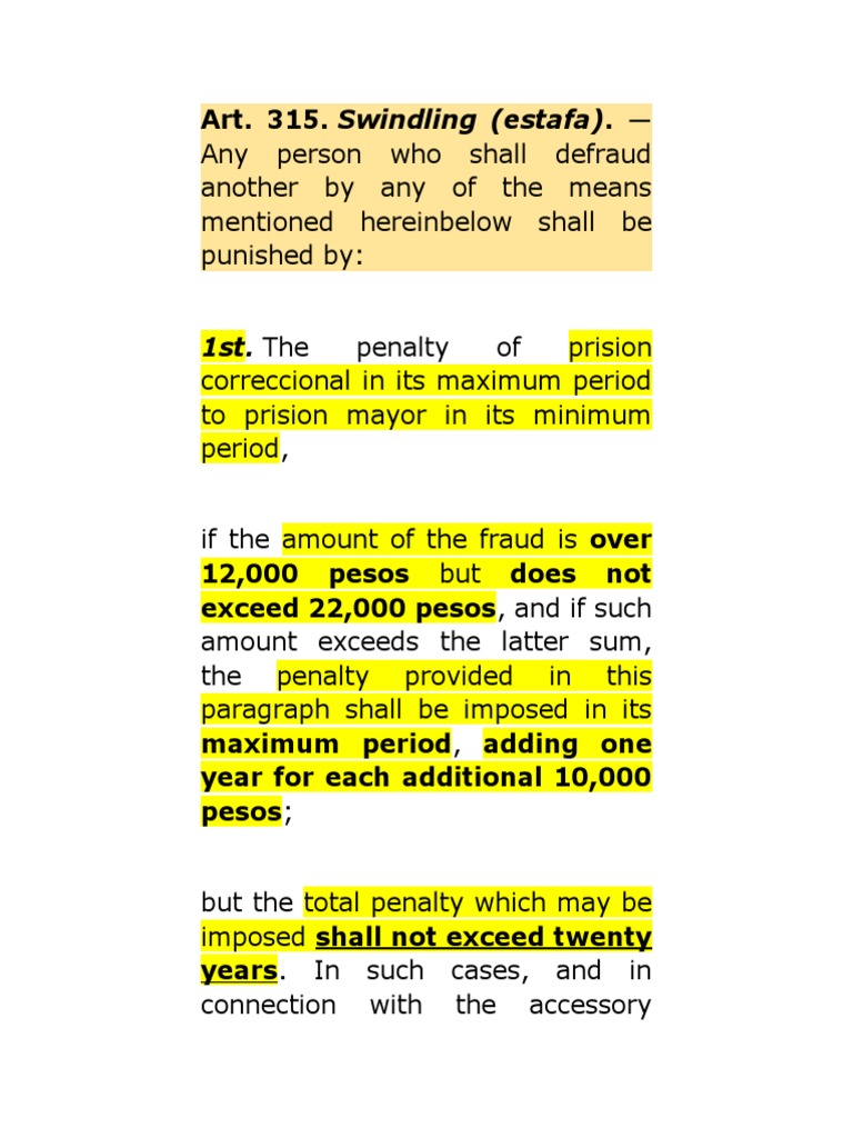 Art. 315. Swindling (Estafa) - : 1st. The Penalty of | PDF | Cheque | Fraud