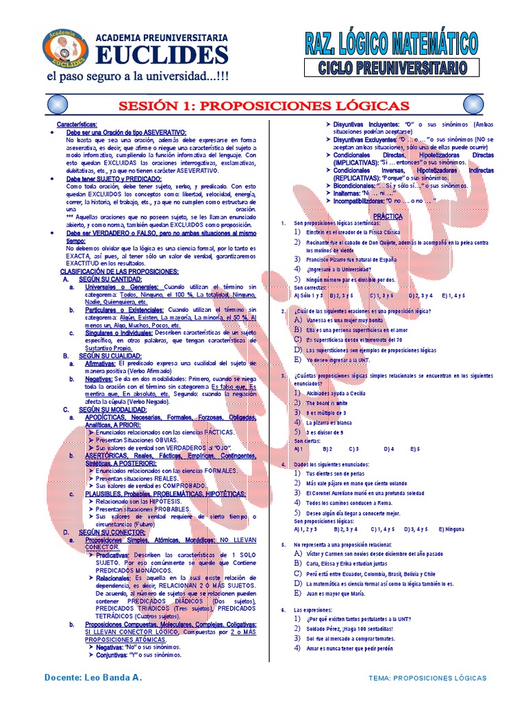 Sesión 1 - Proposiciones Lógicas | PDF | Proposición | Oración (Lingüística)
