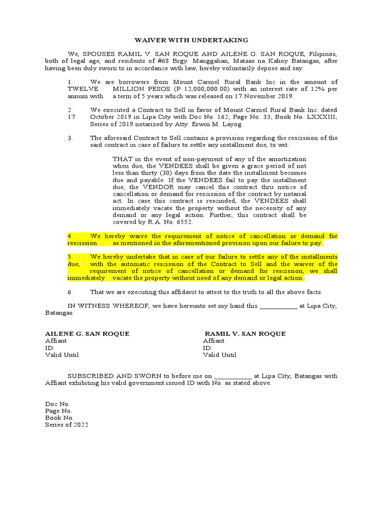 Waiver and Undertaking for Loan Rescission | PDF | Affidavit | Law Of ...