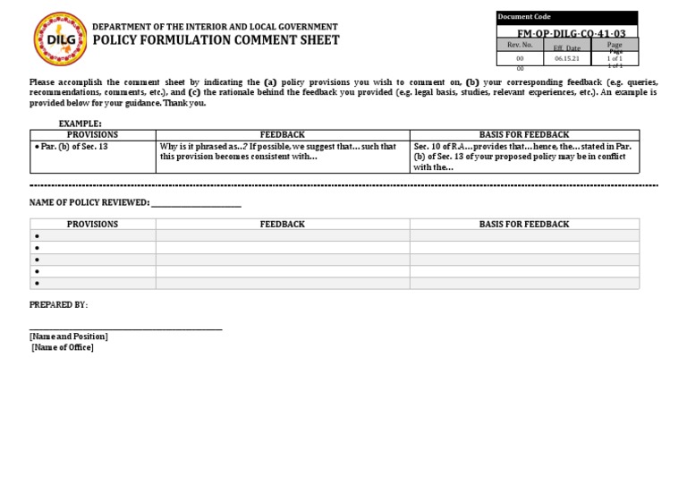FM-QP-DILG-CO-41-03-Policy-Formulation-Comment-Sheet (For DILG-DOH-NCDA JMC) | PDF