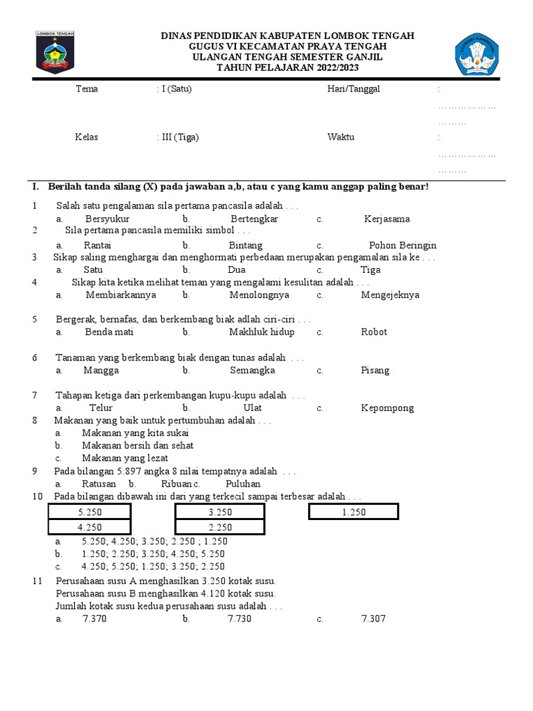 Soal PTS Kelas 3 Tema 1 | PDF