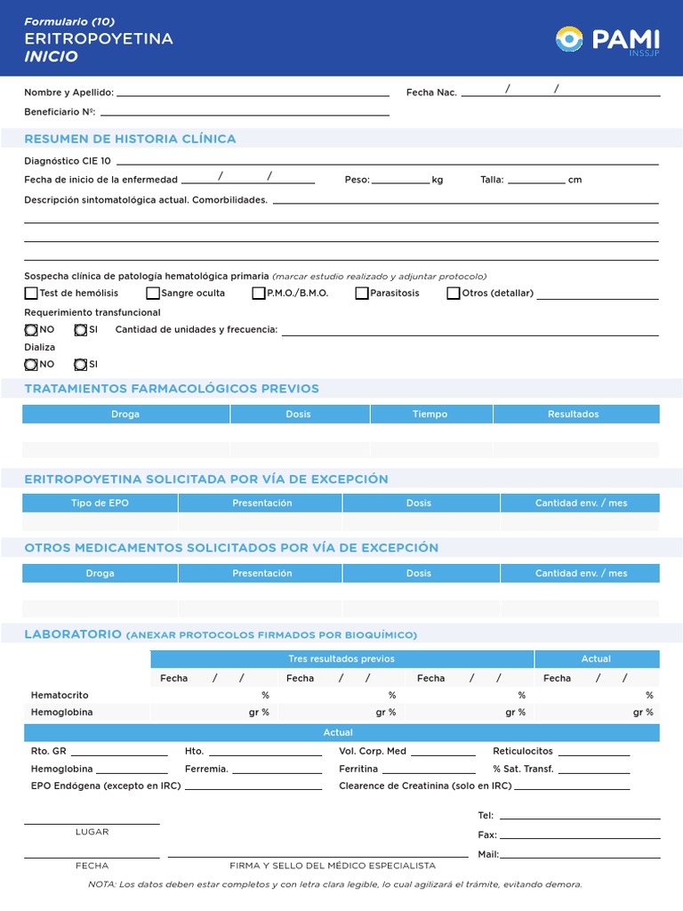 Formulario 10 Eritropoyetina Inicio (Nuevo) | PDF | Enfermedades y ...