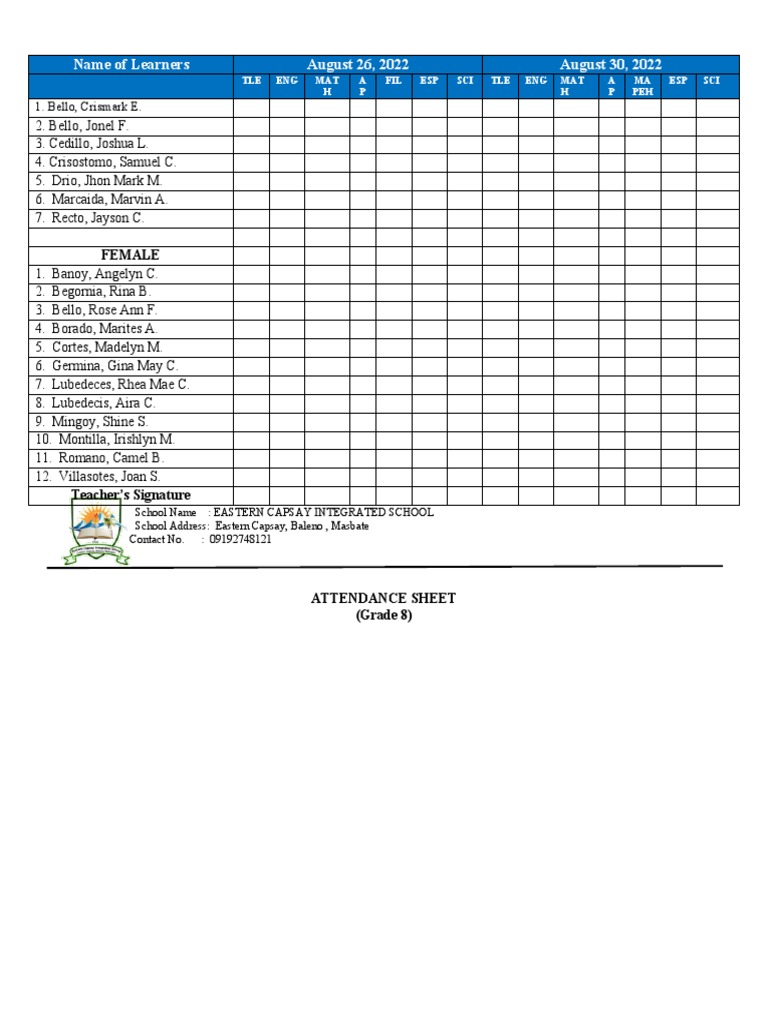 Attendance Sheet 2022-2023 | PDF